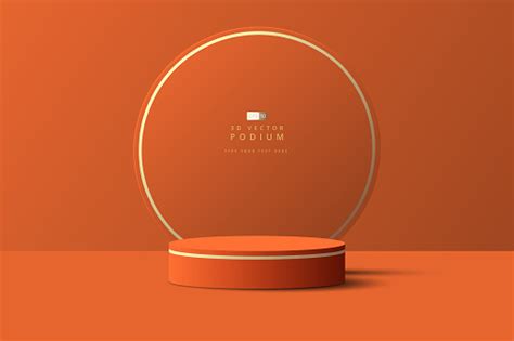 호화스러운 주황색 3d 실린더 연단 둥근 원 모양 배경이 있는 제품 전시 프레젠테이션을 위한 사실적 또는 받침대 무대 모형을 위한 최소한의 장면 무대 쇼케이스 3d 벡터