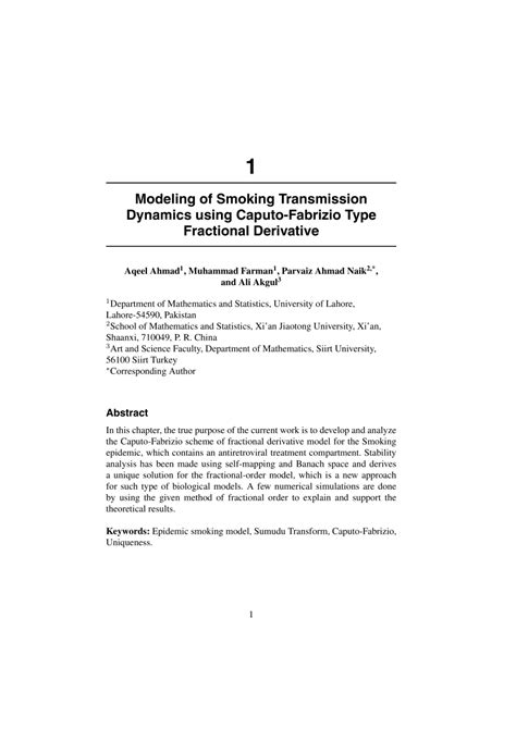 Pdf Modeling Of Smoking Transmission Dynamics Using Caputo Fabrizio Type Fractional Derivative