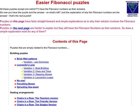 University Of Surrey Easier Fibonacci Puzzles Unit Plan For 9th 10th Grade Lesson Planet
