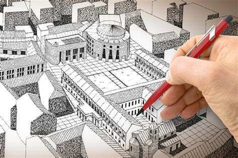 새로운 도시 계획 연필로 그린 엔지니어 건축가 는 새로운 현대 상상의 마을의 스케치 개념 이미지 그리기에 대한 스톡 사진 및 기타 이미지 Istock