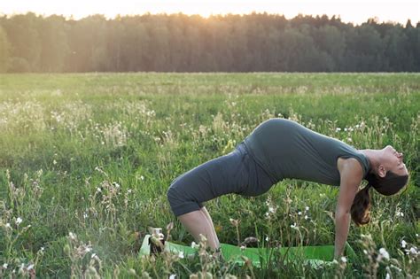 임신 한 여성은 일몰에 야외 연습 활동적인 기대 어머니는 여름 필드에서 스포츠 운동을한다 건강 관리 및 임신 개념 공간을 복사합니다 35 39세에 대한 스톡 사진 및 기타