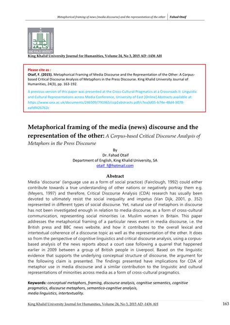PDF Otaif F Metaphorical Framing Of Media Discourse And The Representation Of The