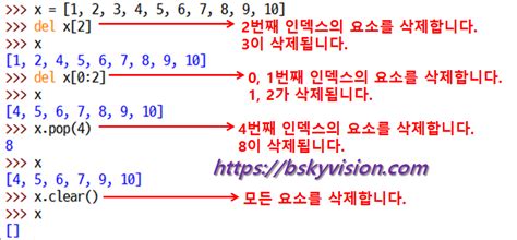 [python] 리스트 일부 요소 삭제 del 또는 pop 및 전체 요소 삭제 clear 하는 방법 by