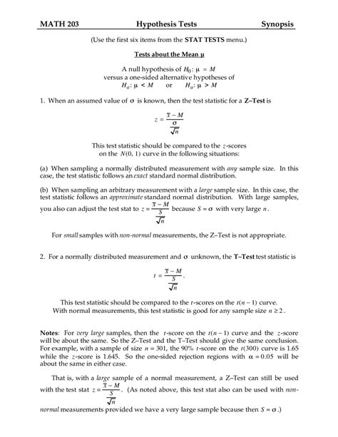 Hypothesis Testing Practice Questions Math 203 Docsity