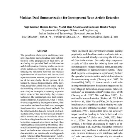 Multiset Dual Summarization For Incongruent News Article Detection Acl Anthology