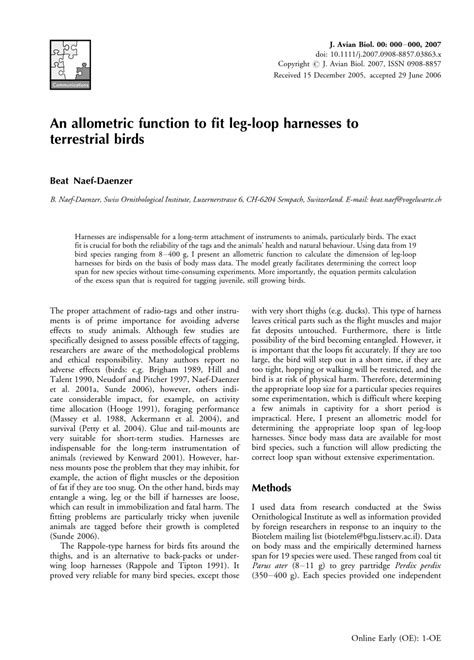 Pdf An Allometric Function To Fit Leg Loop Harnesses To Terrestrial Birds