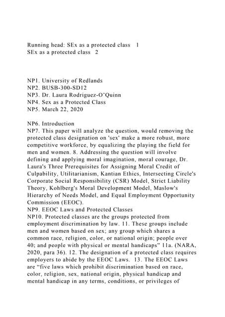 Running Head Sex As A Protected Class 1sex As A Protected Clas Docx