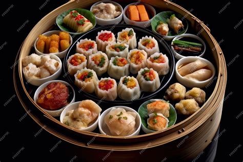 Premium Ai Image A Tray Of Dim Sum Dishes Is Shown With A Variety Of