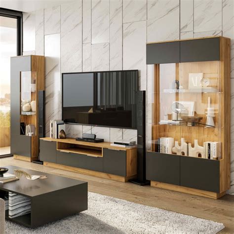 Стильна модульна гірка стінка з підсвічуванням під телевізор із вітриною сервантом у вітальню