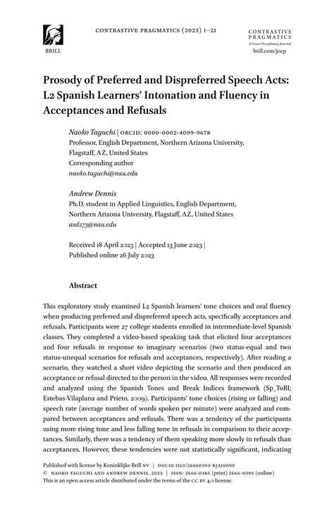 Pdf Prosody Of Preferred And Dispreferred Speech Acts L2 Spanish Learners Intonation And