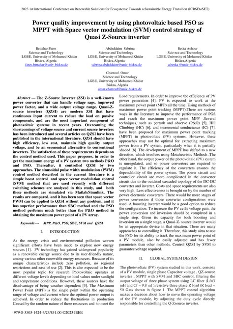 Pdf Power Quality Improvement By Using Photovoltaic Based Pso As Mppt With Space Vector
