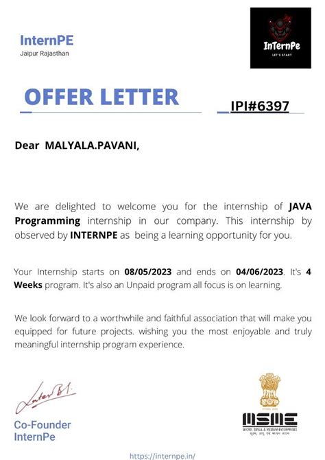Pavani Malyala On Linkedin Internship Internpe Javaprogramming