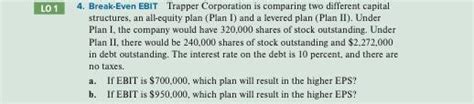 Solved Lo 1 4 Break Even Ebit Trapper Corporation Is