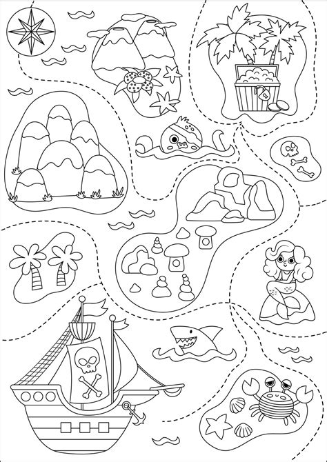 Vector Black And White Treasure Island Map With Pirate Ship Mermaid Octopus Cute Line