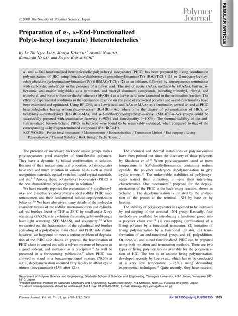 Pdf Preparation Of End Functionalized Poly N Hexyl Isocyanate Heterotelechelics