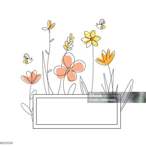 꿀 꽃과 꿀벌직사각형 프레임 만화 벡터 일러스트레이션 연속 선 그리기 스타일 꽃 식물에 대한 스톡 벡터 아트 및 기타 이미지 꽃 식물 벌 꿀벌 Istock