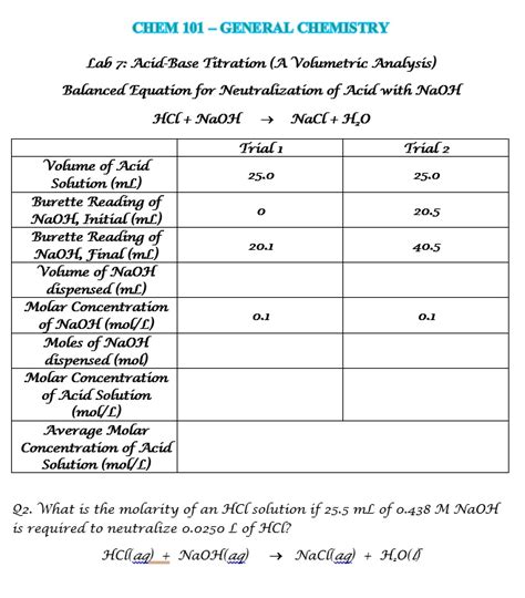Solved Chem 101 General Chemistry Lab 7 Acid Base Titration A