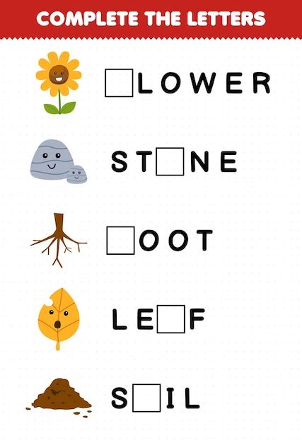어린이를 위한 교육 게임은 귀여운 만화 꽃 돌 뿌리 잎 토양 인쇄 가능한 자연 워크시트에서 편지를 완성합니다 프리미엄 벡터