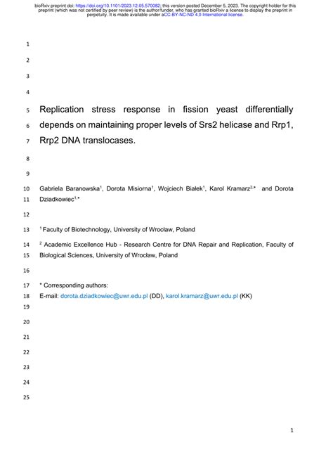Pdf Replication Stress Response In Fission Yeast Differentially Depends On Maintaining Proper