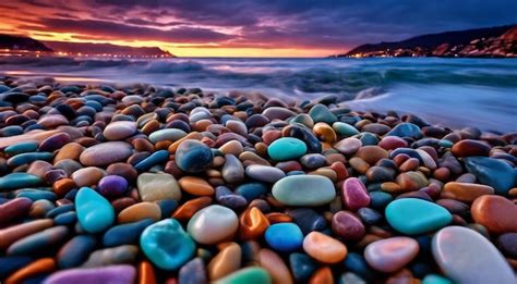 Hermosas Piedras De Color De La Playa En El Lado De La Playa Con Olas