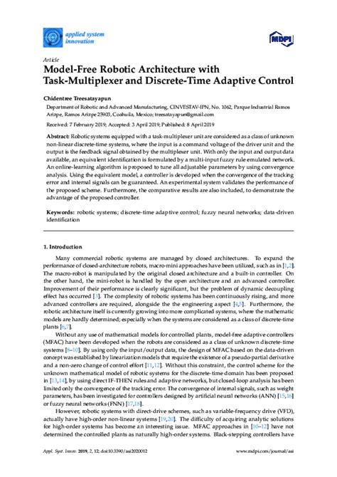 Pdf Model Free Robotic Architecture With Task Multiplexer And Discrete Time Adaptive Control