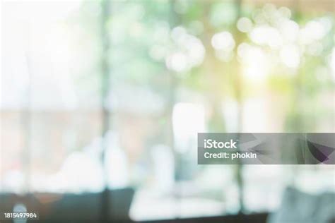 추상적인 흐림 인테리어 커피숍 또는 카페 배경 흐림 레스토랑 인테리어 배너 배경입니다 커피숍 흐림 배경 와 Bokeh 흐릿한 창문 녹색 정원 배경입니다 가상현실에 대한 스톡