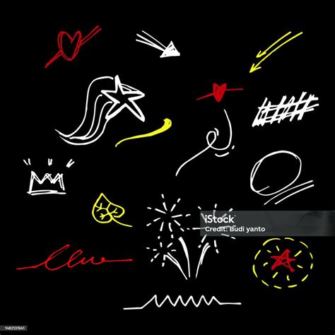 손으로 그린 낙서 벡터 디자인 요소 세트입니다 불꽃놀이 급습 소용돌이 화살 심장 사랑 왕관 곡선에 대한 스톡 벡터 아트 및 기타