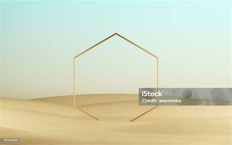 3d 렌더링 모래 언덕과 간단한 기하학적 모양 황금 육각 형 프레임사막 풍경과 추상적 인 현대 최소한의 배경 3차원 형태에 대한 스톡 사진 및 기타 이미지 Istock