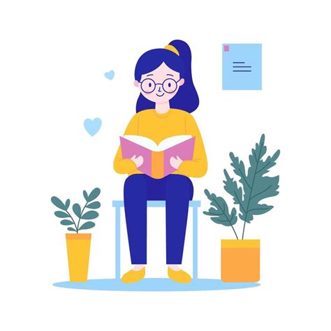Pretty Nerd Girl Cartoon Character Wearing Glasses Sitting While Reading A Book At Home House