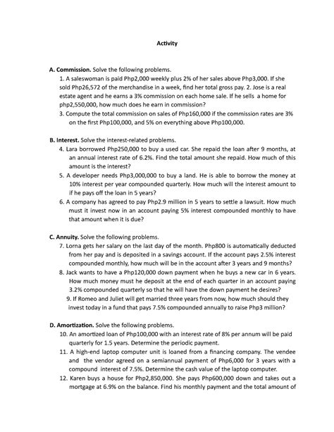 Activity In Business Math Activity A Commission Solve The Following