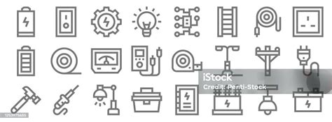 전기 도구 및 라인 아이콘 선형 집합입니다 어큐뮬레이터 변압기 툴박스 해머 전신주 볼트미터 파워 소켓 전기 회로 스위치 켜짐 과 같은 품질 벡터 라인 세트 아이콘에 대한