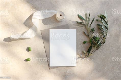 여름 웨딩 문구 모형 장면입니다 빈 인사말 카드 초대장 공예 봉투 올리브 과일 가지와 실크 리본 햇빛 그림자에 우아한 대리석 배경입니다 플랫 레이 상단 보기 형판에 대한