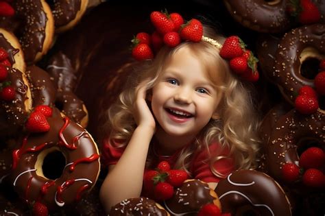 Premium Photo Cute Girl Among Chocolate And Strawberry Donut Option