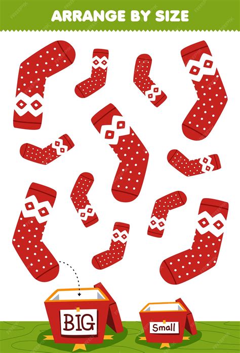 아이들을 위한 교육 게임은 크거나 작은 크기로 정렬하여 귀여운 만화 양말 인쇄용 겨울 워크시트의 선물 상자에 넣습니다 프리미엄 벡터