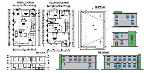 Plan Elevation And Section Of Two Story House 2d View Layout File In