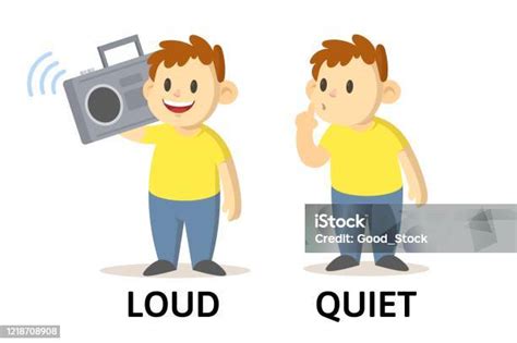 단어 조용하고 시끄러운 플래시 카드 만화 캐릭터 반대 형용사 설명 카드 흰색 배경에 격리된 플랫 벡터 그림입니다 손가락을 입술에 대기에 대한 스톡 벡터 아트 및 기타 이미지