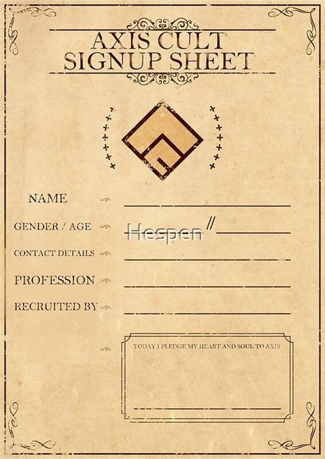 Axis Cult Signup Sheet Framed Prints By Hespen Redbubble