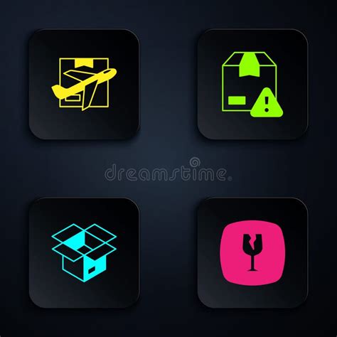 Set Fragile Broken Glass Plane And Cardboard Box Unboxing And Delivery Security With Shield