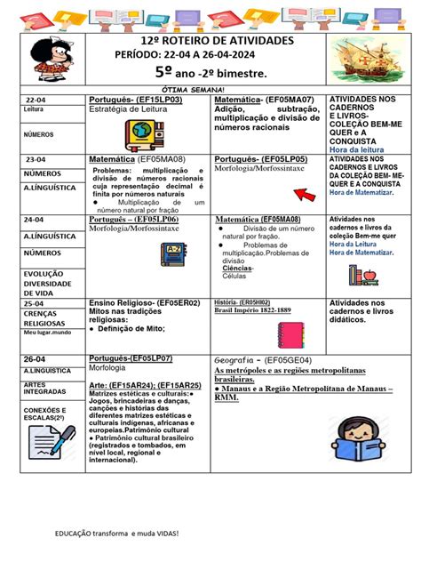 5º Ano 12º Roteiro Semanal 22 A 26 04 2024 Marcya Filizola Pdf