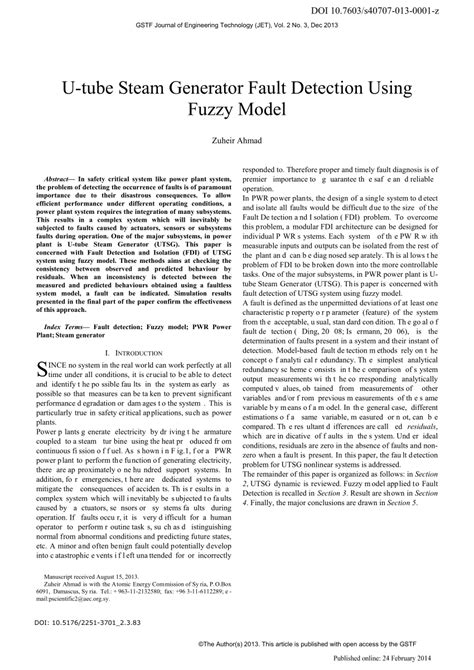 Pdf U Tube Steam Generator Fault Detection Using Fuzzy Model
