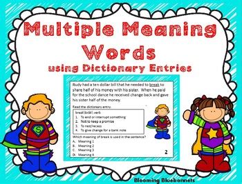 Multiple Meaning Words Using Dictionary Entries By Blooming Bluebonnets