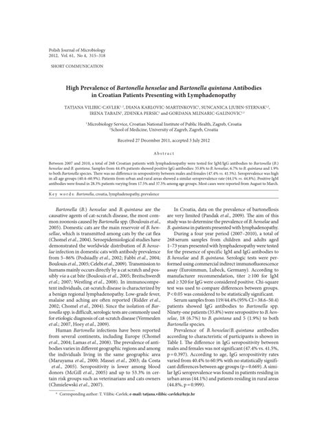 Pdf High Prevalence Of Bartonella Henselae And Bartonella Quintana Antibodies In Croatian
