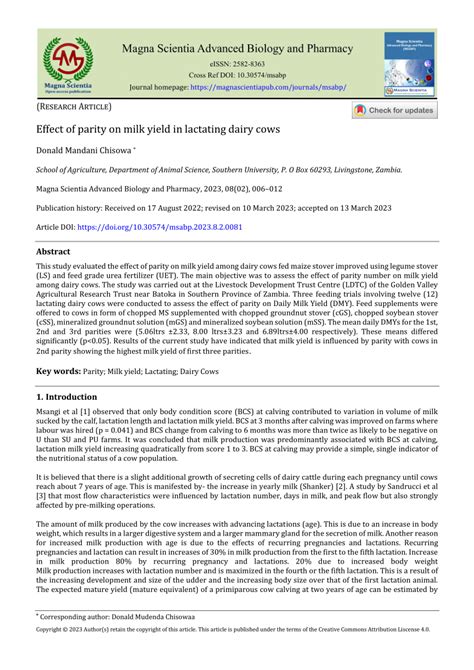 Pdf Effect Of Parity On Milk Yield In Lactating Dairy Cows