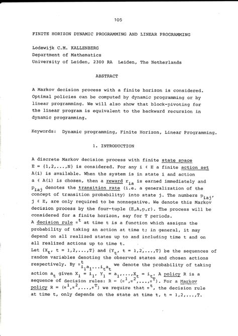 Pdf Finite Horizon Dynamic Programming And Linear Programming