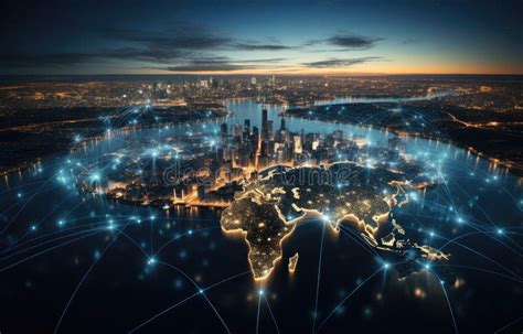 Global Map Network Of Cloud Computing Digital Lines Connecting Continents Cities Glowing In