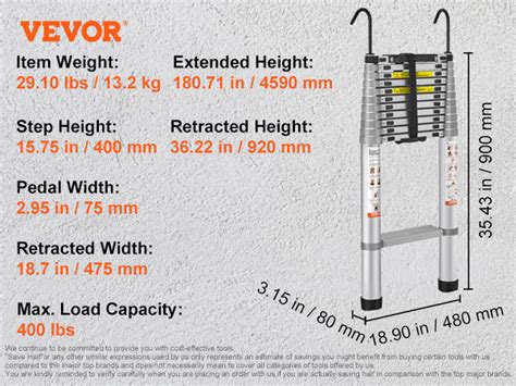 Vevor Scala Telescopica In Alluminio Estensibile Altezza Max 46m Portatile 132kg Scala