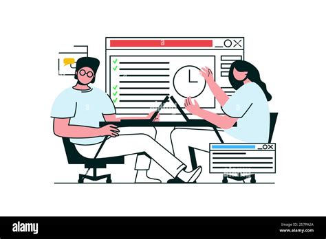 Office Work Outline Web Concept With Character Scene Man And Woman Brainstorming Discussing