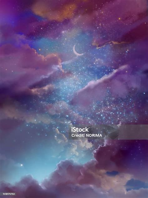 화려한 공간에서 빛나는 초승달과 구름과 별의 아름다운 무지개 바다의 환상적인 삽화 배경 주제에 대한 스톡 벡터 아트 및 기타 이미지 배경 주제 별 밝은 청색 Istock