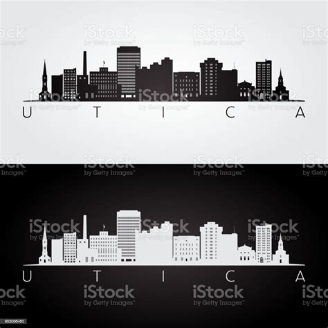 유 티 카 미국 명소와 스카이 라인 실루엣 흑인과 백인 디자인 벡터 일러스트 레이 션 유티카 뉴욕에 대한 스톡 벡터 아트 및 기타 이미지 유티카 뉴욕 스카이라인 0명