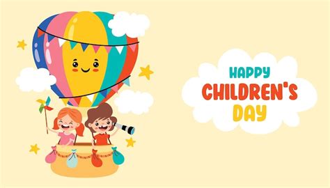 Мультфильм дети на воздушном шаре Премиум векторы